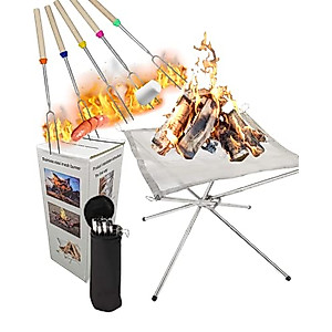 NACETURE 22 Inch Portable Outdoor Fire Pit - Portable Fire Pit Collapsing Stainless Steel Mesh Fireplace Foldable - Camping Gear for Patio, Backyard and Garden add 5 Pack Roasting Sticks