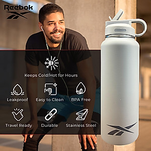 Reebok Stainless Steel Water Bottle With Straw & Athletic Design - Insulated Water Bottles 32 oz - Double Wall Vacuum Insulated Sports Water Bottle With Straw, BPA Free (White)