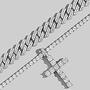 DLSIXNCO Cuban Link Chain for Men Women Cross Necklace for Men women Iced Chain Miami Cuban Link Chain Cross Pendant Diamond Chain for Men Boys Religious Jewelry Gift (Silver, 16"+18")