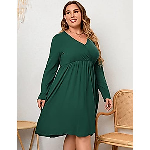 KOJOOIN Women's Plus Size V Neck A-Line Knee Length Wrap Swing Dresses Casual Loose Party Mini Dress with Pockets (Dark Green, 5XL)