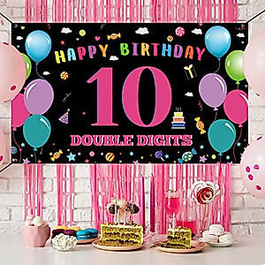 HTDZZI 10th Birthday Decorations for Girl, Happy 10th Birthday Backdrop Banner, Double Digits 10 Year Old Birthday Party Yard Sign Photo Booth Props Poster Decor Supplies, Fabric, 6.1ft x 3.6ft