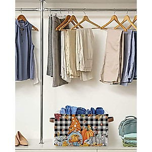 Storage Bin Foldable Storage Basket Pumpkin Gnome Thanksgiving Fall Maple Leaf,Large Storage Bins Handles Storage Baskets for Organizing,Farm Harvest Black Checker Collapsible Storage Cubes Organizer