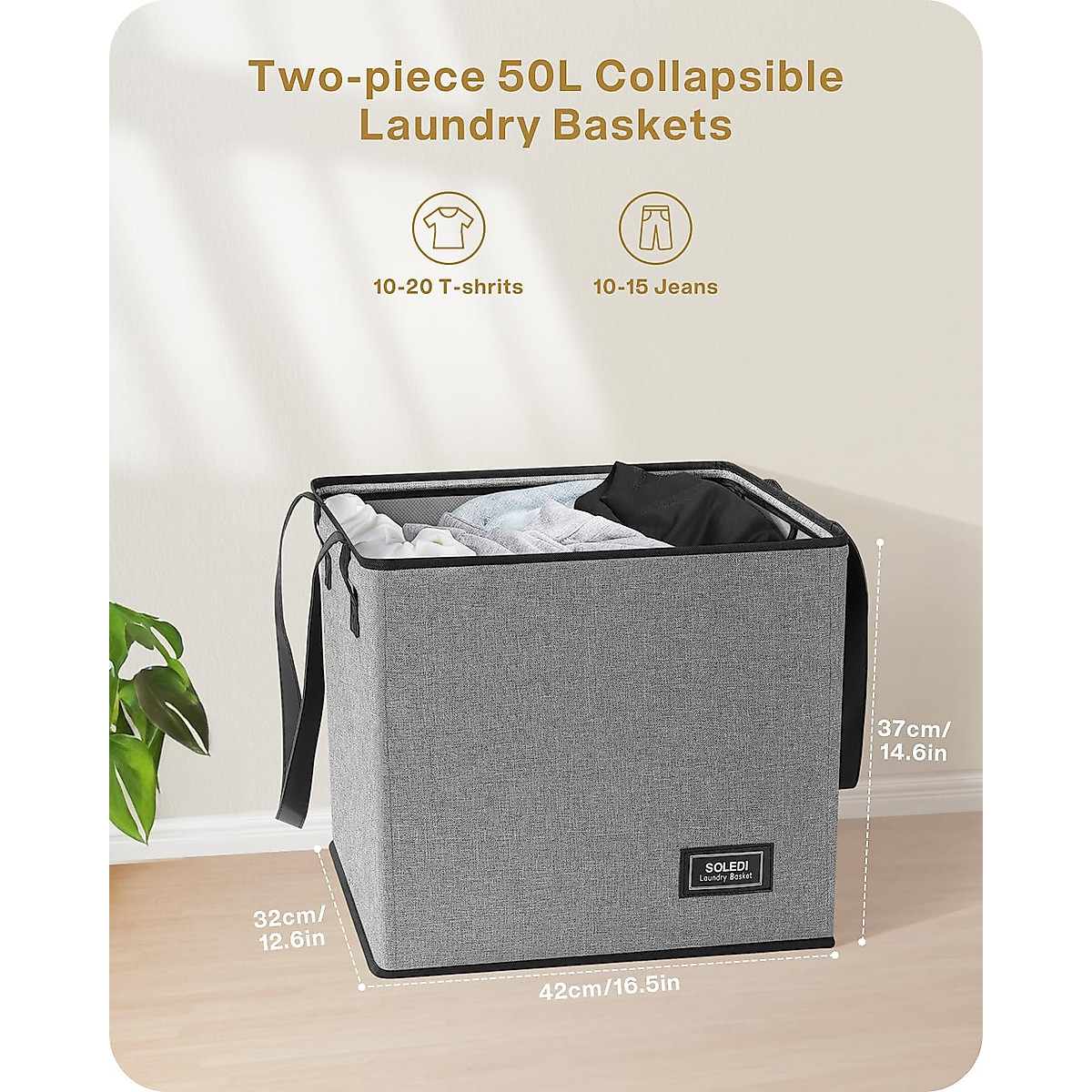 SOLEDI Collapsible Laundry Baskets, 2-Pack 50L (13 Gal) Collapsible Laundry Tote with Extended Easy Carry Handle, Sturdy Iron Wire Frame, Freestanding Clothes Basket for Bathroom, Bedroom, Dorm. Grey