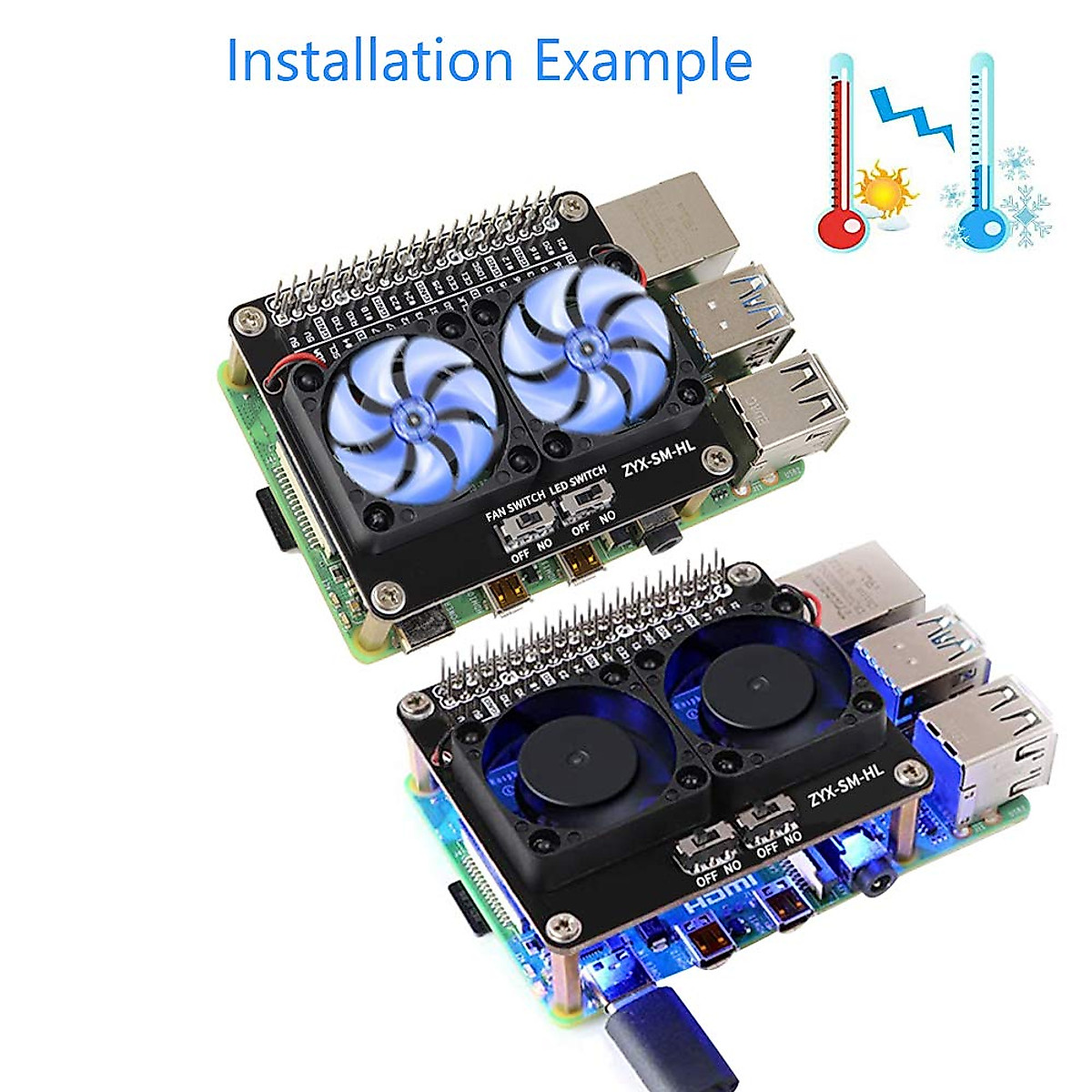 Raspberry Pi Fan 4B Dual Cooling Fans and Automatic Discoloration LED, Raspberry Pi GPIO Expansion Board for Raspberry Pi 4B / 3B+ / 3B / 3A+