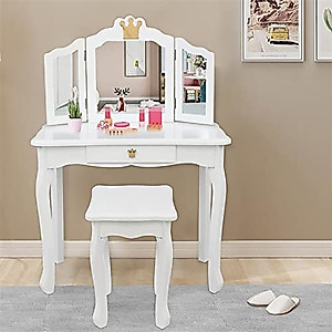 Children's Princess Dressing Table,Princess Dressing Table with Drawers and Tri-fold Mirror,Children's Dressing Table with Chair Set, Detachable Top Study Table,White