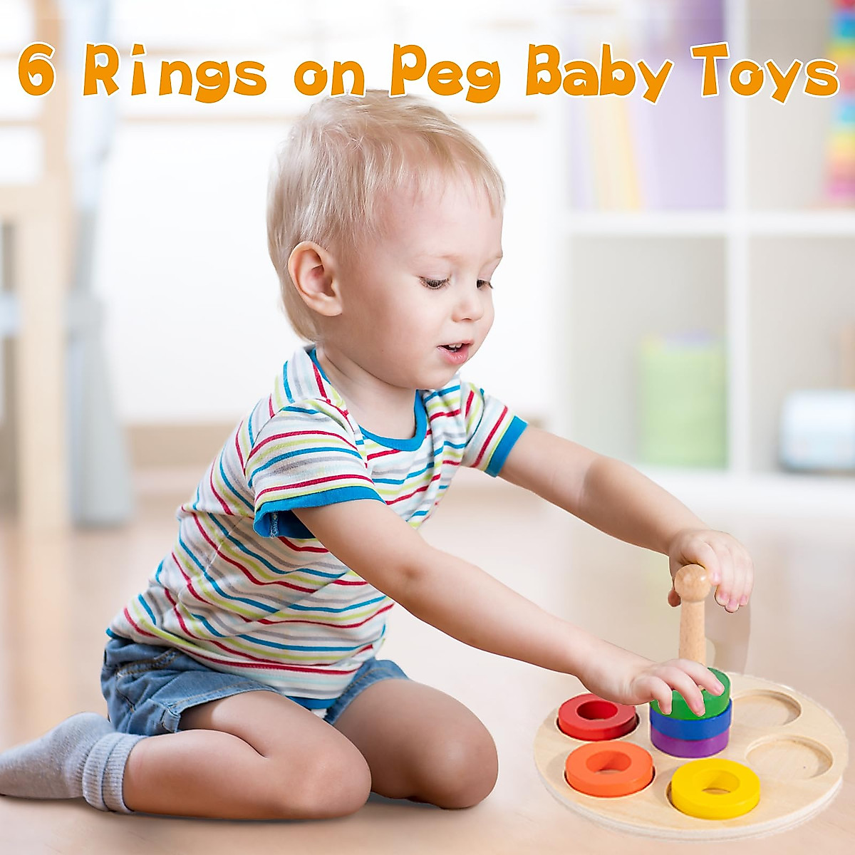 Adena Montessori 6 Rings on Peg Baby Toys for 1 Year Old Infant Toddlers