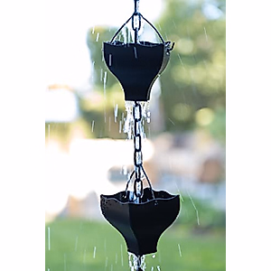Jitane - Metal Rain Chains for Gutters - 8.75 Feet - Installation Kit Included - Rain Gutter Downspout Extension - Rain Water Catching System - Decorative Jewel Located at The Rain Chain Basin (Black)