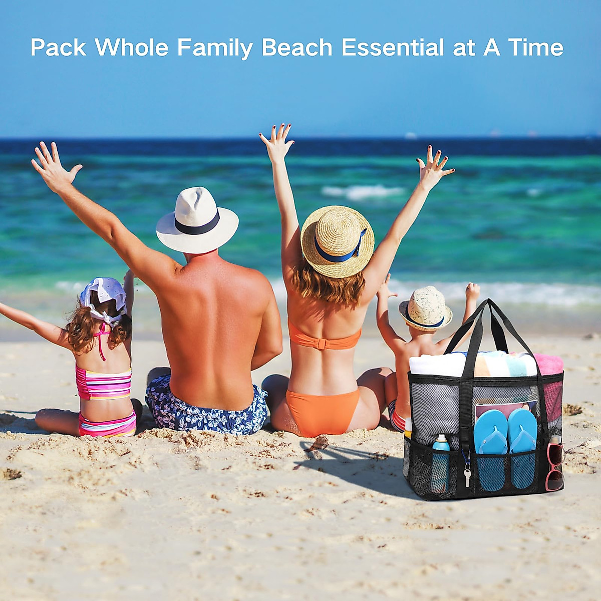 F-color Mesh Beach Bag Family - Beach Tote 9 Pockets Beach Towel Bag, Black