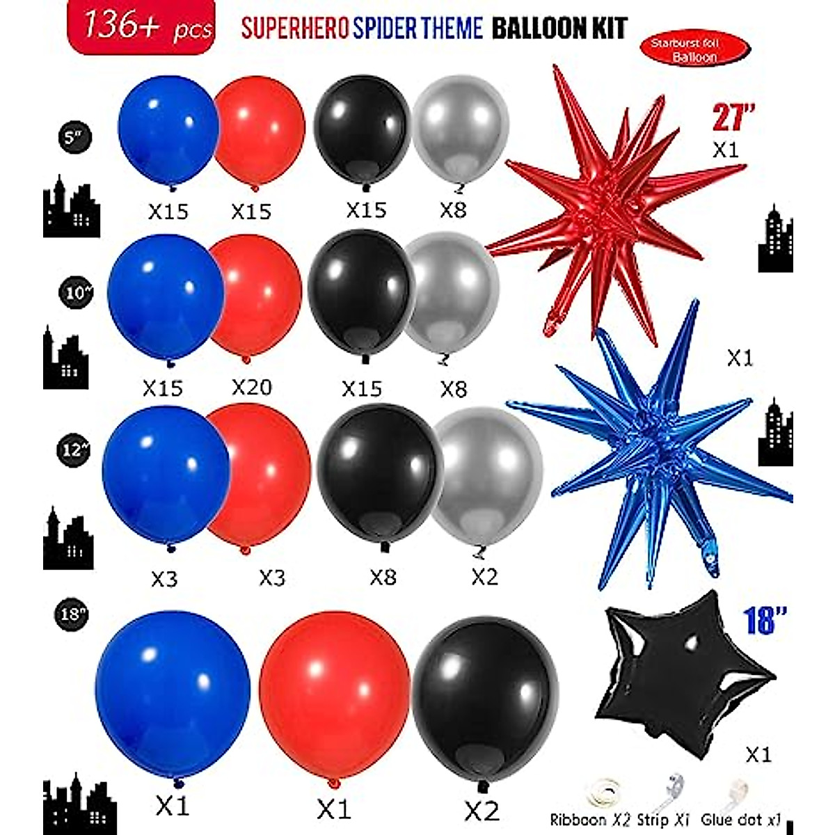 Blue Red Black Balloons Garland Arch Kit 130PCS with Large Starburs mylar balloons for Spider Theme kid birthday Party Man Superhero inspired Decortions