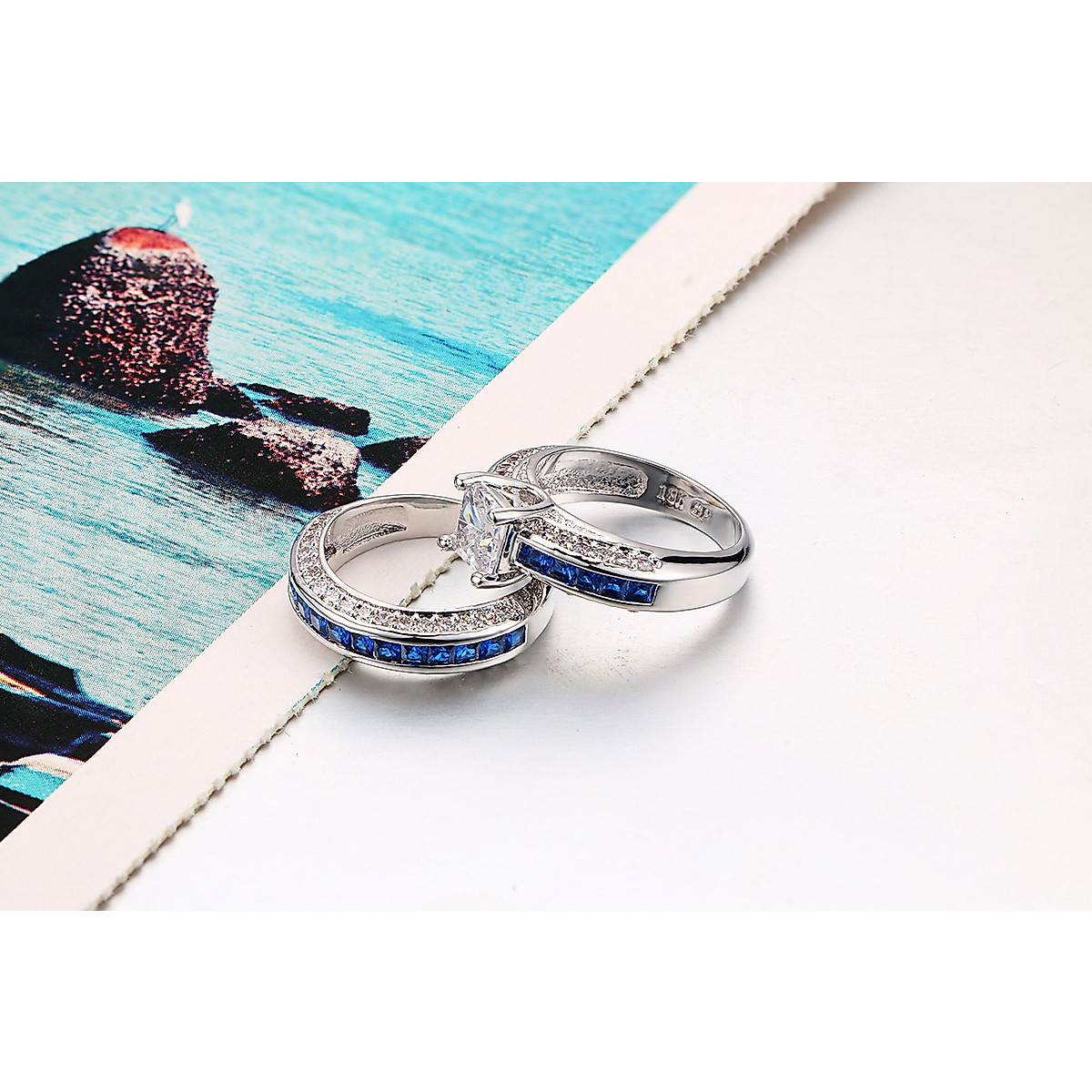 European Style Amethyst Two Pieces Cubic Zirconia Wedding Engagement Band Couple Rings (Blue, 5)