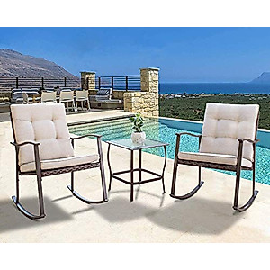 Skiway 3 Piece Outdoor Rocking Chair Set, Patio Brown Wicker Rattan Rocker, Cushioned Bistro Higher Back Rocking Chairs Set of 2 with Glass Table