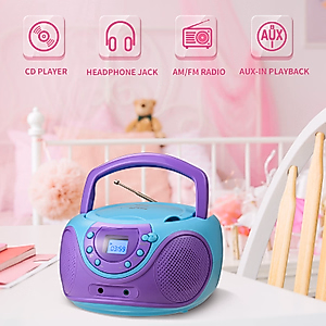 hPlay Gummy P16 Portable CD Player Boombox AM FM Digital Tuning Radio, Aux Line-in, Headphone Jack, Foldable Carrying Handle (Violet)