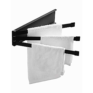 YEAVS Swing Towel Holder Rack Matte Black, Wall Mounted Towel Bar Swivel with 3-Arm for Bathroom Kitchen Storage
