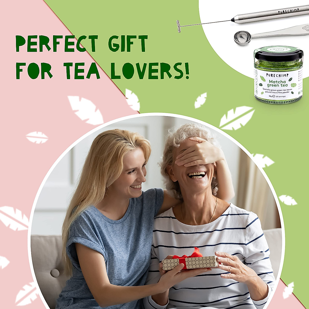 PureChimp Modern Matcha Set – Starter Kit with Electric Matcha Whisk, 50 Grams of Japanese Matcha, and Stainless Steel Measuring Spoon