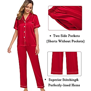 SWOMOG Womens 3pcs Pajamas Set Silk Satin Short Sleeve Sleepwear Button Down Loungewear Pjs Nightwear Red Medium