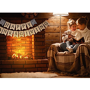 Whaline Happy Thanksgiving Banner Rustic Thanksgiving Bunting Banner White Black Buffalo Plaid Thanksgiving Hanging Decoration Supplies for Farmhouse Home Party Mantle Fireplace Wall Window