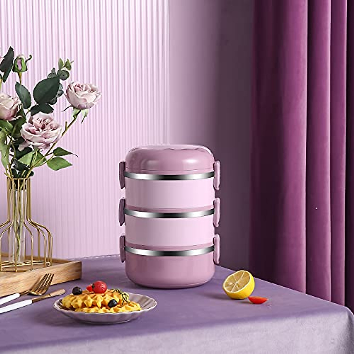 DILUOOU Stackable Lunch Box, 3 Tier Stainless Steel Thermal Lunch Box,Bento Lunch Box for Adult With Lunch Bag & Utensils (Pink)