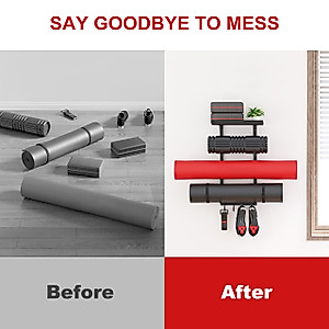 Yoga Mat Holder Wall Mount, Yoga Accessory Mat Storage Rack, Home Gym Accessories Organizer, Floating Shelf and Hooks for Hanging Foam Roller/Band/Workout Equipment at Pilates Fitness Class