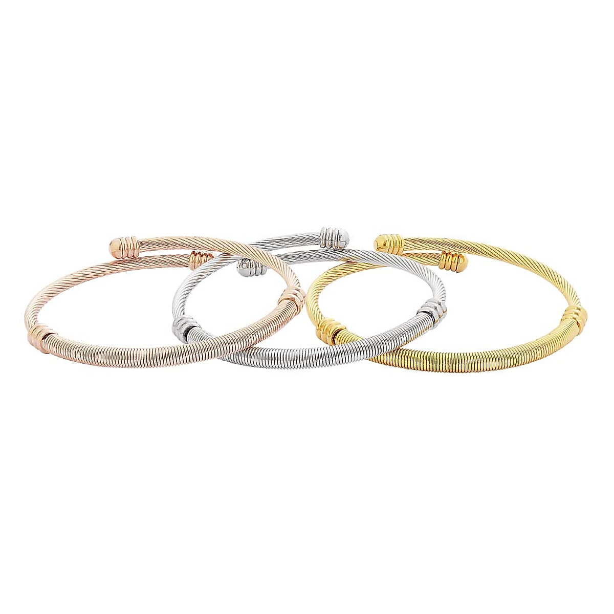 EDFORCE 3 Tone Stainless Steel Hypoallergenic Stacked Twisted Cable Wire Bangle Adjustable Cuff Bracelet Set, Set of 3, 6"-7.5" (Wire)