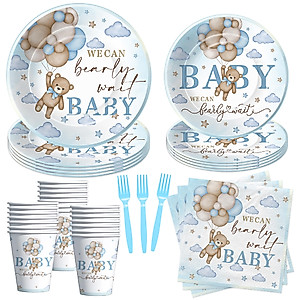 Suhelkit Bear Baby Shower Decorations Party Tableware Boy - We Can Bearly Wait Baby Shower Decorations Supplies, Paper Plate, Napkin, Cup, Fork, Blue Teddy Bear Baby Shower Party Supplies | 24 Guests