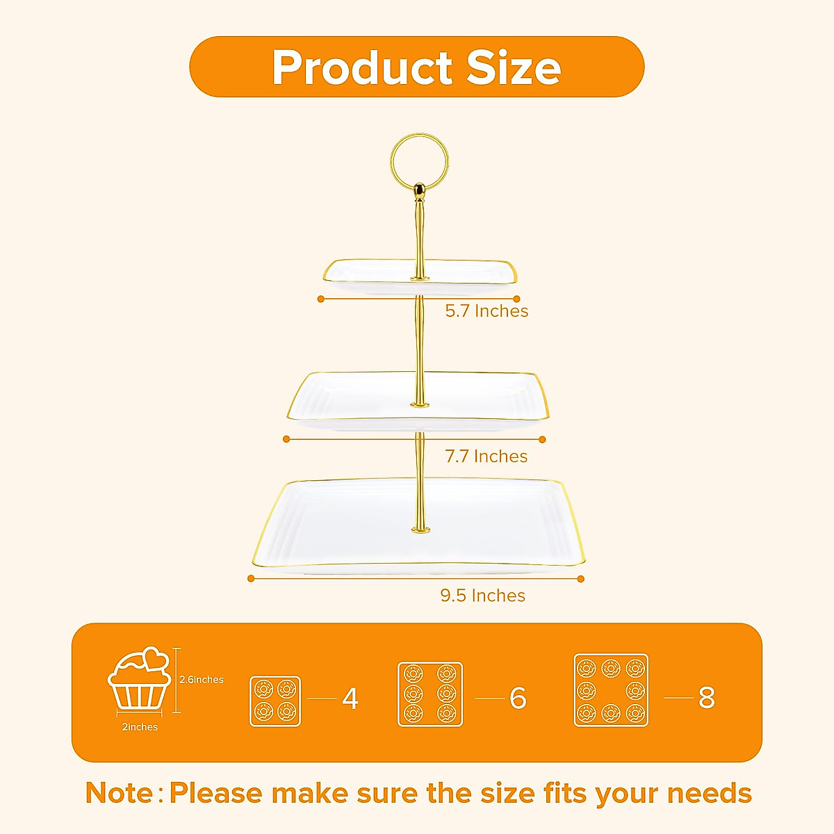 Hoedia 3 Tier Cupcake Stand Tower, White Plastic Cup Cake Holder for Dessert Table, Tiered Serving Tray for Tea Party, Baby Shower, Wedding and More (Square)