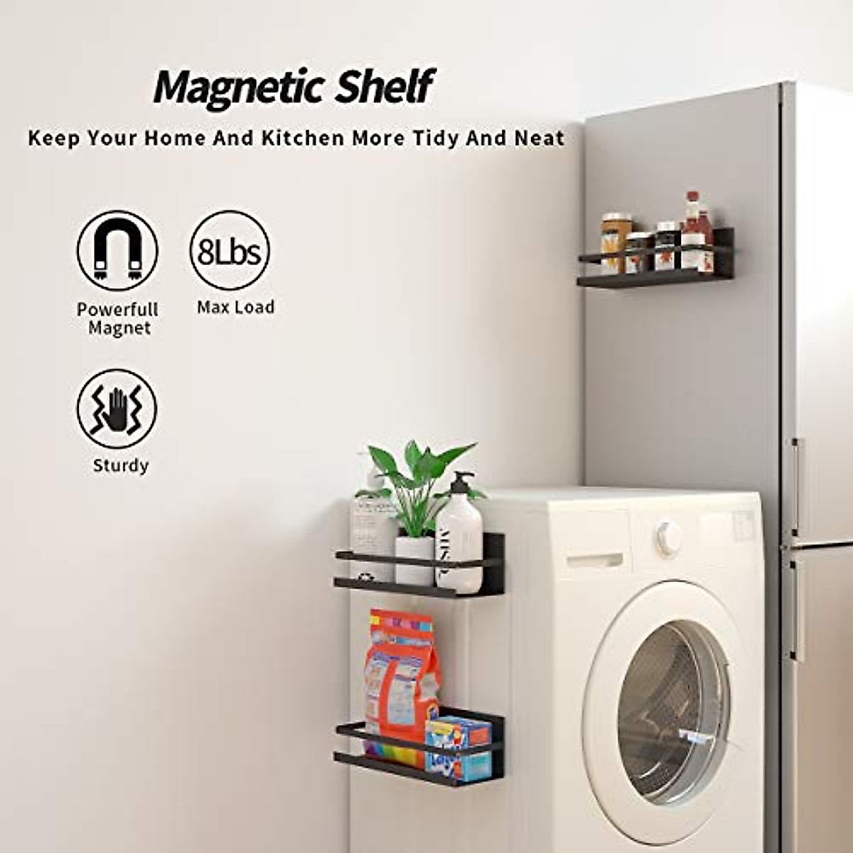 YJSMO Magnetic Spice Rack for Refrigerator,Heave Duty Magnetic Shelf For Kitchen With Strong Magentic Storage Organizer,Fridge Spice Rack for Cabinet,Space Container,Drill free (Black, 2 Pack)