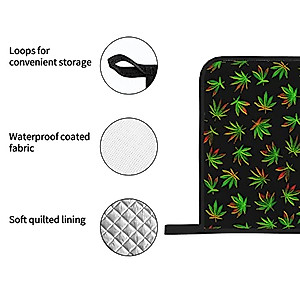 Oven Mitts and Pot Holders Sets Weed Leaf Print Oven Gloves Heat Resistant Potholders 4 Pcs Set Washable Non-Slip BBQ Gloves with Hanging Loop for Women Men Kitchen Baking Cooking Grilling