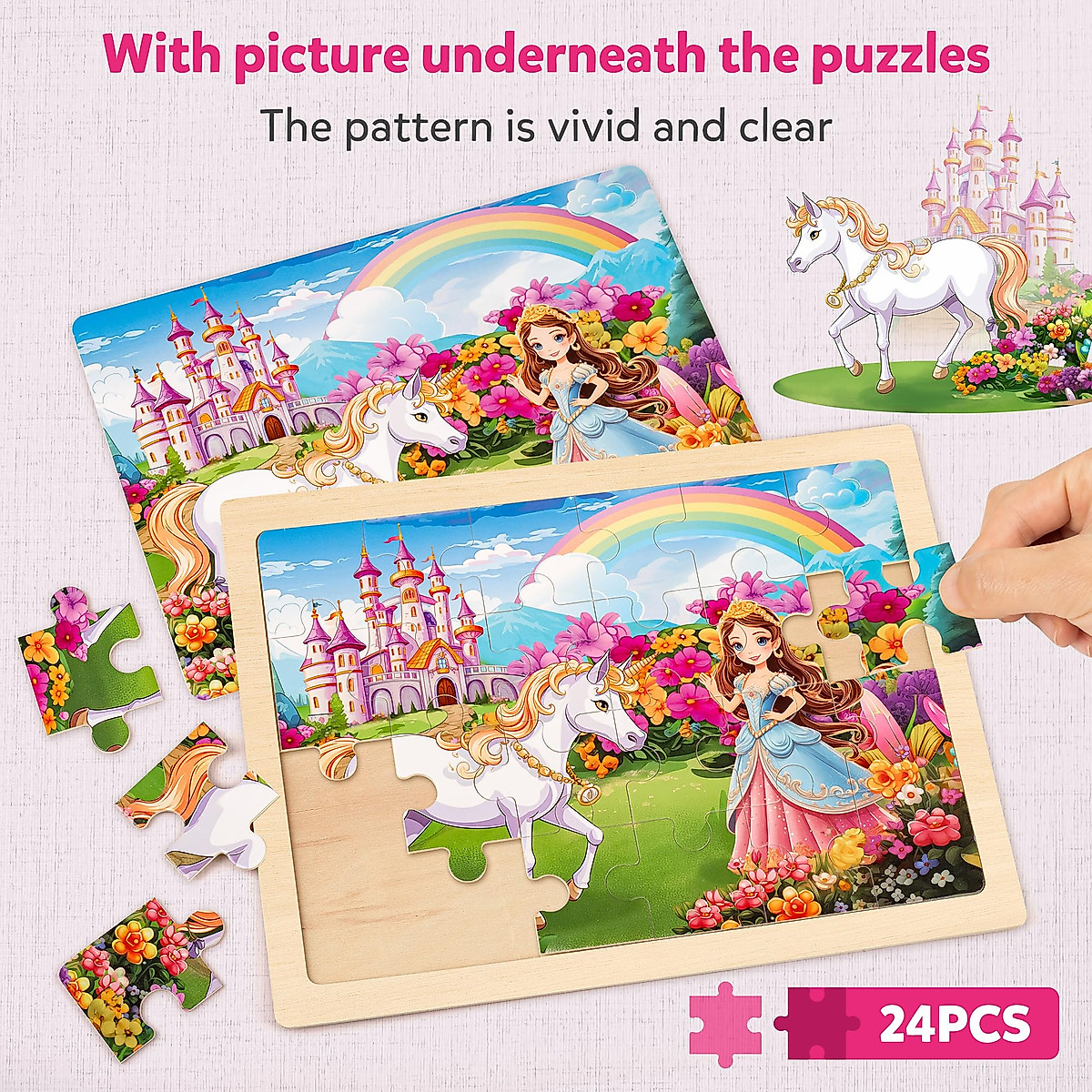 SYNARRY Large Unicorn Princess Fairy Wooden Puzzles for Girls Gift Box(12.2*9.4 in) - FSC Certified, 24 Pcs Puzzles for Kids Ages 4-6, Puzzles for Toddlers 3-5, Unicorn Toys Gifts for 3 4 5 Year Old