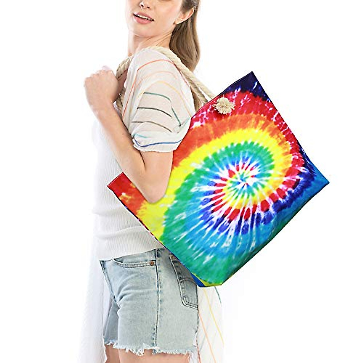 Me Plus Women Summer Large Beach Tote Bag Top Zipper Closure Braided Rope Handles Inner Pocket (TIE DYE - Multi)