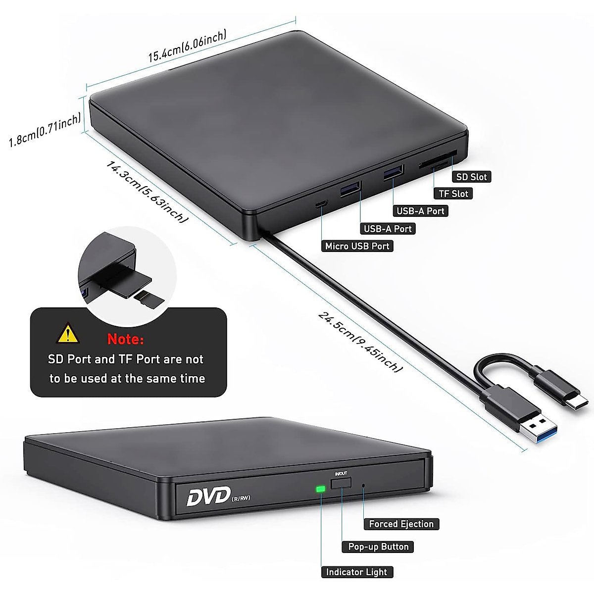 intendvision External CD DVD Drive USB 3.0 Type-C CD-RW DVD-R Combo Burner with SD/TF Slot, 2 USB 2.0 Port for PC Laptop Computer Mac Windows 11/10/8/7