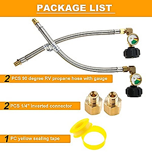 Hicello 1/4" RV Propane Hose with Gauge, Five-piece Set of Propane Hoses Including 2PCS 12" Stainless Steel Braided Hose, 1/4" Inverted Connector, QCC1 Connector and Seal Tape for Camper BBQ Gas Grill