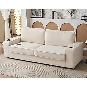 Jocisland Sofa, 89 Inch Deep Seat Couch with USB Charging Stations & Drink Holders, Modern Sofa- Comfy Sofa Couch for Living Room (Beige Corduroy)