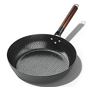 Iron Wok and Stir Fry Pans,11 inch Carbon Steel Pan Pure Hand Hammered Woks Uncoated Non-Stick Cast Iron Wok Chinese Wok Cookware Pan Kitchen Tools for Gas and Induction Cooker