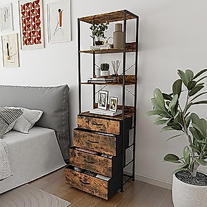 VASICAR 4-Tier Tall Bookshelf with 4 Drawers, Multifunctional Open Bookcase, Storage Shelf Dresser for Living Room, Office, Bedroom, Kitchen, Free Drawer Divider (Rustic Brown)