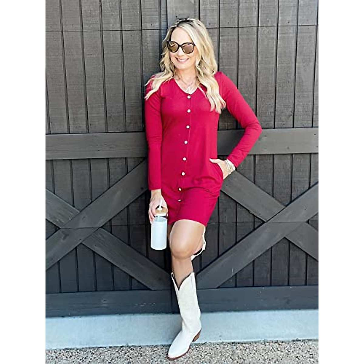 SOLERSUN Tunic Dresses with Pockets for Women, Women's Casual T-Shirt Dresses Long Sleeve Stripe Tunic Loose Swing Autumn Dress with Pockets Wine red L