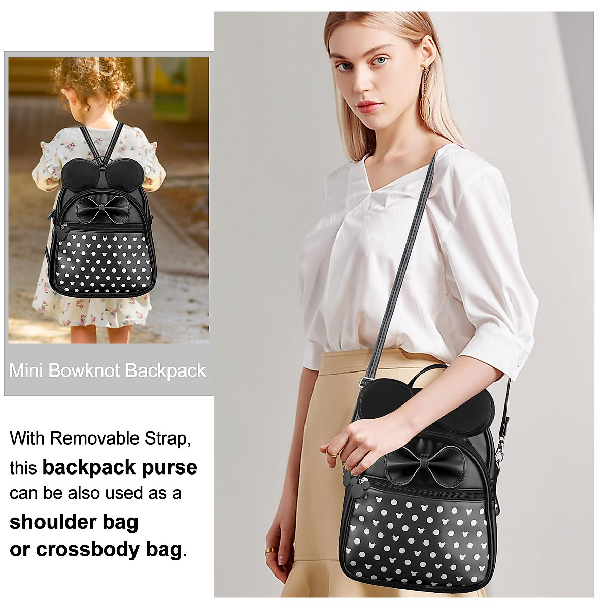 Voikukka Black Mini Backpacks for Girls Small Backpack Purse Leather Cute Kids Travel Toys Gift Mouse Backpack for Little Girls Childrens Crossbody Bag Toddler Girl Backpacks