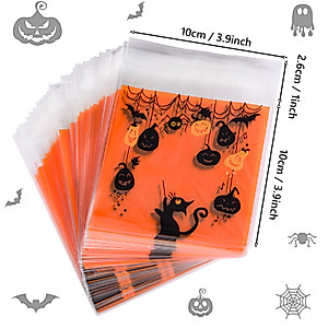 Halloween Cellophane Bags, KUZIUA 100 Pcs Resealable Halloween Cellophane Treat Bags, Sealed Plastic Cellophane Gift Bags with Adhesive Closure for Snack, Cookie & Candies, 3.9 * 3.9 Inches (2 Style)