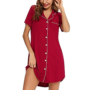 Samring Womens Nightshirt V Neck Boyfriend Sleepwear Shirts Loose Sleeve Button Sleep Tee Red S
