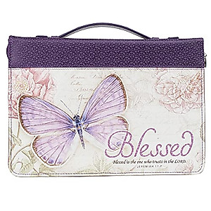 Christian Art Gifts Women's Fashion Bible Cover Blessed Butterfly Jeremiah 17:7, Purple Floral Faux Leather, XL
