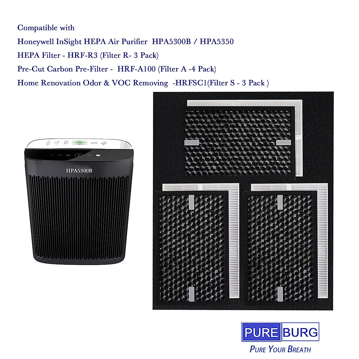 PUREBURG Replacement True HEPA Filter Kit Compatible with Honeywell InSight HPA5300B HPA5350 & PowerPlus HPA3300 Air Purifiers, HRF-R3(Filter R),HRFSC1(Filter S),HRF-A300(Filter A) HRF-ARVP300