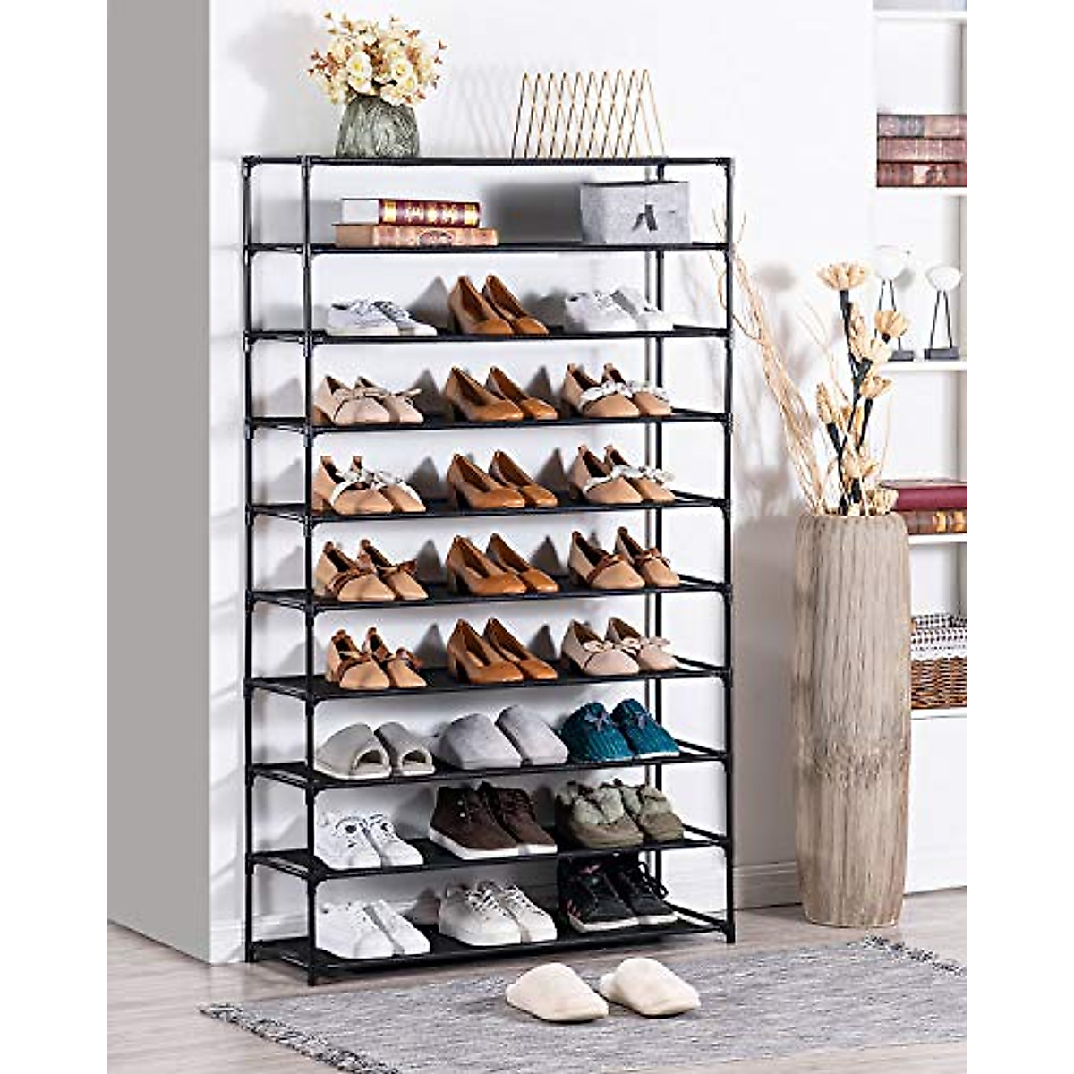Youdesure 10 Tiers Shoe Rack, Large Shoe Rack Organizer for 50 Pairs, Space Saving Shoe Shelf, Non-Woven Fabric Shoe Storage Cabinet (Black)