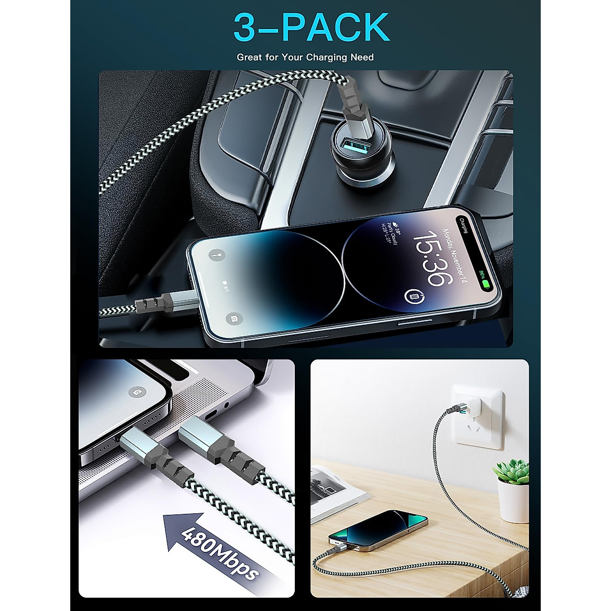 Eaedgrr 6/6/6ft 60W3A Fast Charger Cable,USB C to USB C Fast Charging Cable Compatible with MacBook Pro,iPhone15-Pro Max,iPad Mini6/Pro20/23,iPad Air4,GalaxyS21/S23 and More,Gold Plated