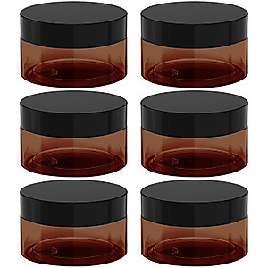 8 oz Amber Plastic Cosmetic Jars Leak Proof Container with Black Lid for Cream, Lotion, Powder, ointment, Beauty Products etc, 6 Pcs.