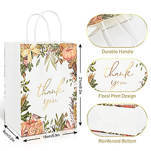 AnyDesign 16Pcs Thanksgiving Gift Bags Fall Thank You Treat Bag Maple Leaves Pumpkin Pattern Wedding Bags with Handle Foil Gold Day Bag for Birthday Bridal Baby Shower Party Favor, 5.9 x 8.3 x 3.2