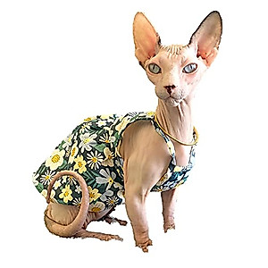 Hairless Cat Clothes - Breathable Summer Cotton Sundress with Sunflower Print Suspender Skirt Elegant Romantic Girly Vest Soft Princess Dress for Sphynx, Cornish Rex, Devon Rex, Peterbald (XS)