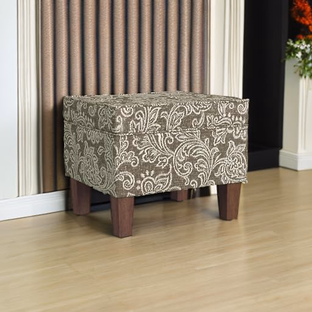 HomePop Home Decor |K7646-A880| Upholstered Modern Rectangular Storage Ottoman | Hinged Lid Ottoman with Storage for Living Room & Bedroom, Brown Jacobean Print