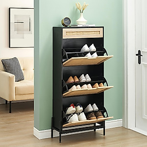 Assile Shoe Cabinet for Entryway, Tall Freestanding Shoe Rack with 3 Flip-Drawers, Hidden Storage Shoe Organiazer with Drawer, Sturdy Metal Leg for Entrance Hallyway Mudroom, Black