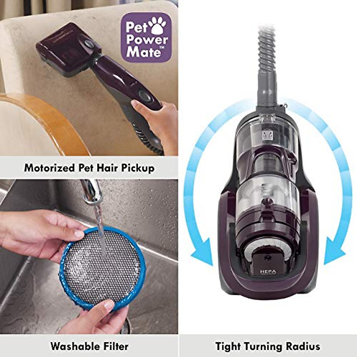 Kenmore Friendly Lightweight Bagless Compact Canister Vacuum, HEPA, Extended Telescoping Wand, Retractable Cord and 2 Cleaning Tools, Pet PowerMate + 2 Motor Power, Purple