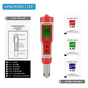 iPower Digital Water, 4 in 1 Tester with pH/TDS/EC/Temp Function, ±0.1 High Accuracy, 0-14 Measurement Range for Hydroponics, Aquarium, Pond, 4-in-1, Red and White