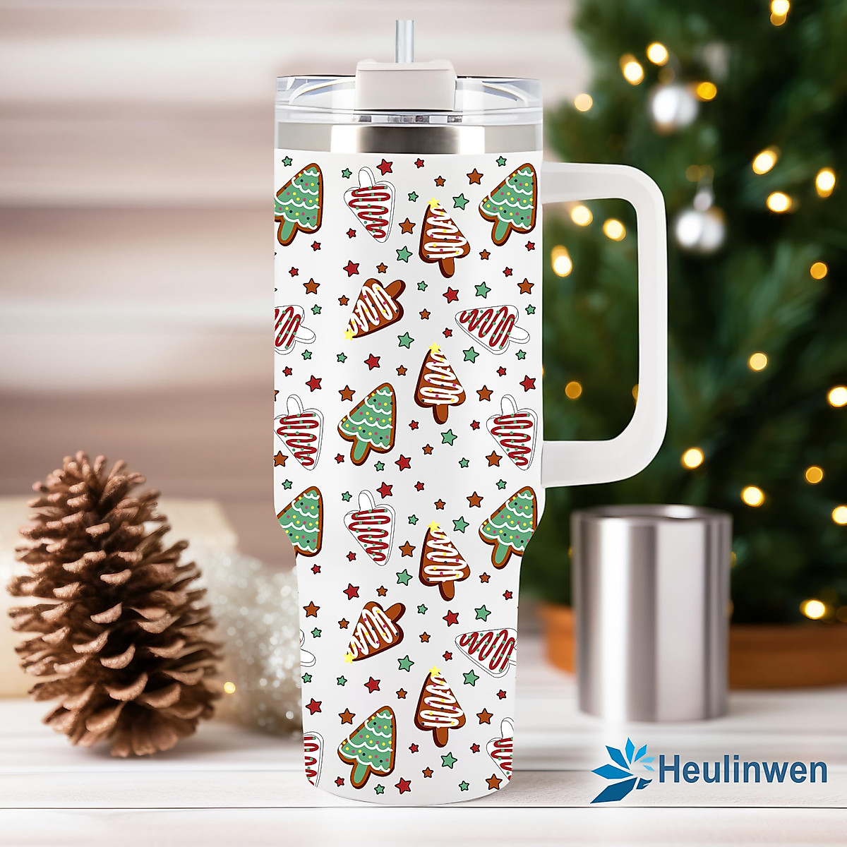 Christmas Tree 40oz Tumbler With Handle and Straw, Santa Stainless Steel Tumbler, Double Walled Noel Cup Gifts For Women Men